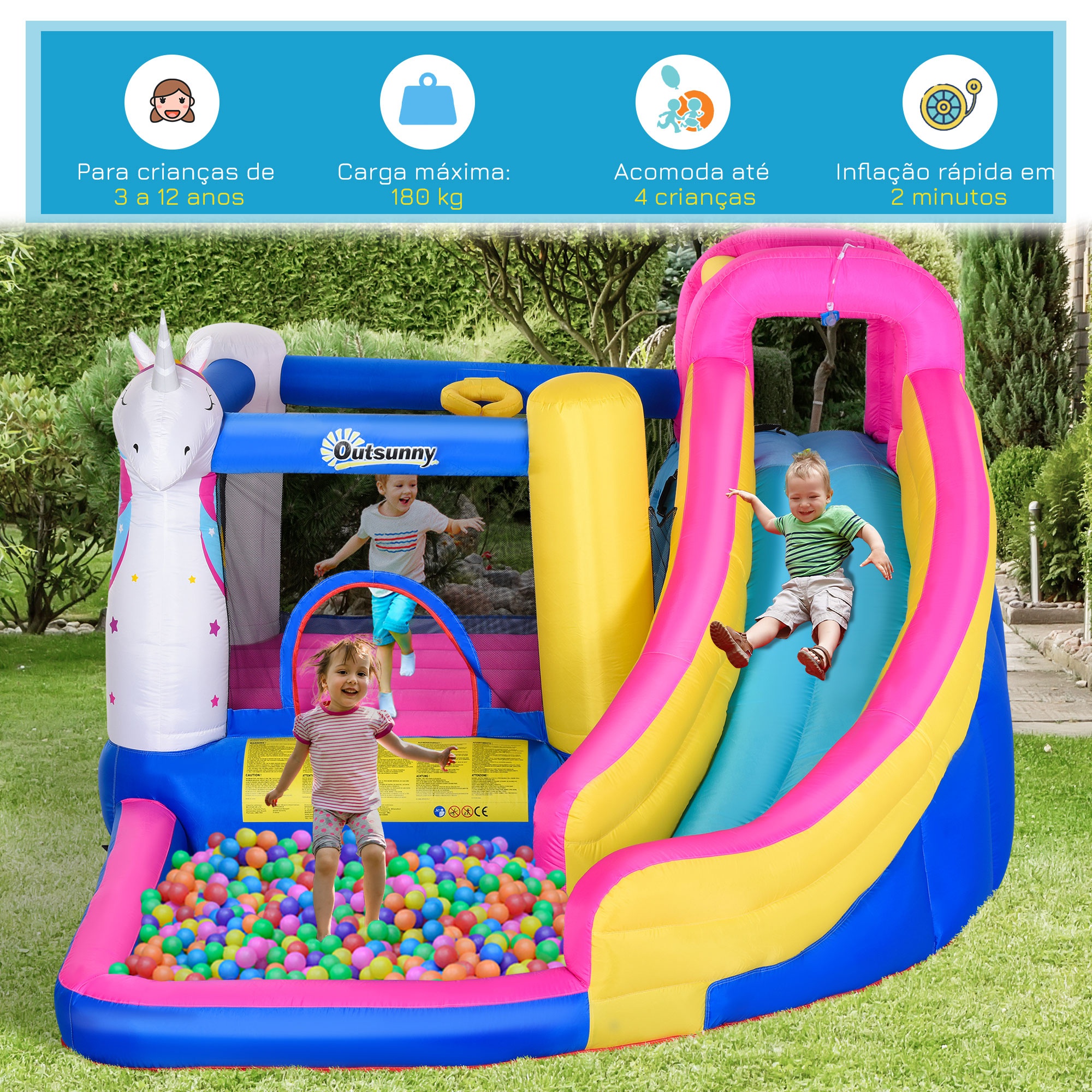 Castelo insuflável infantil com piscina, escorrega e cama de salto ...