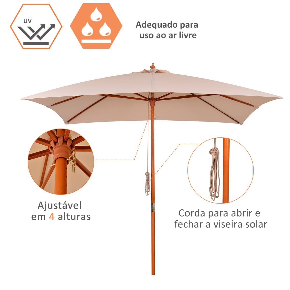 Guarda-sol de jardim de madeira Guarda-sol de pátio quadrado de 3x3m ...