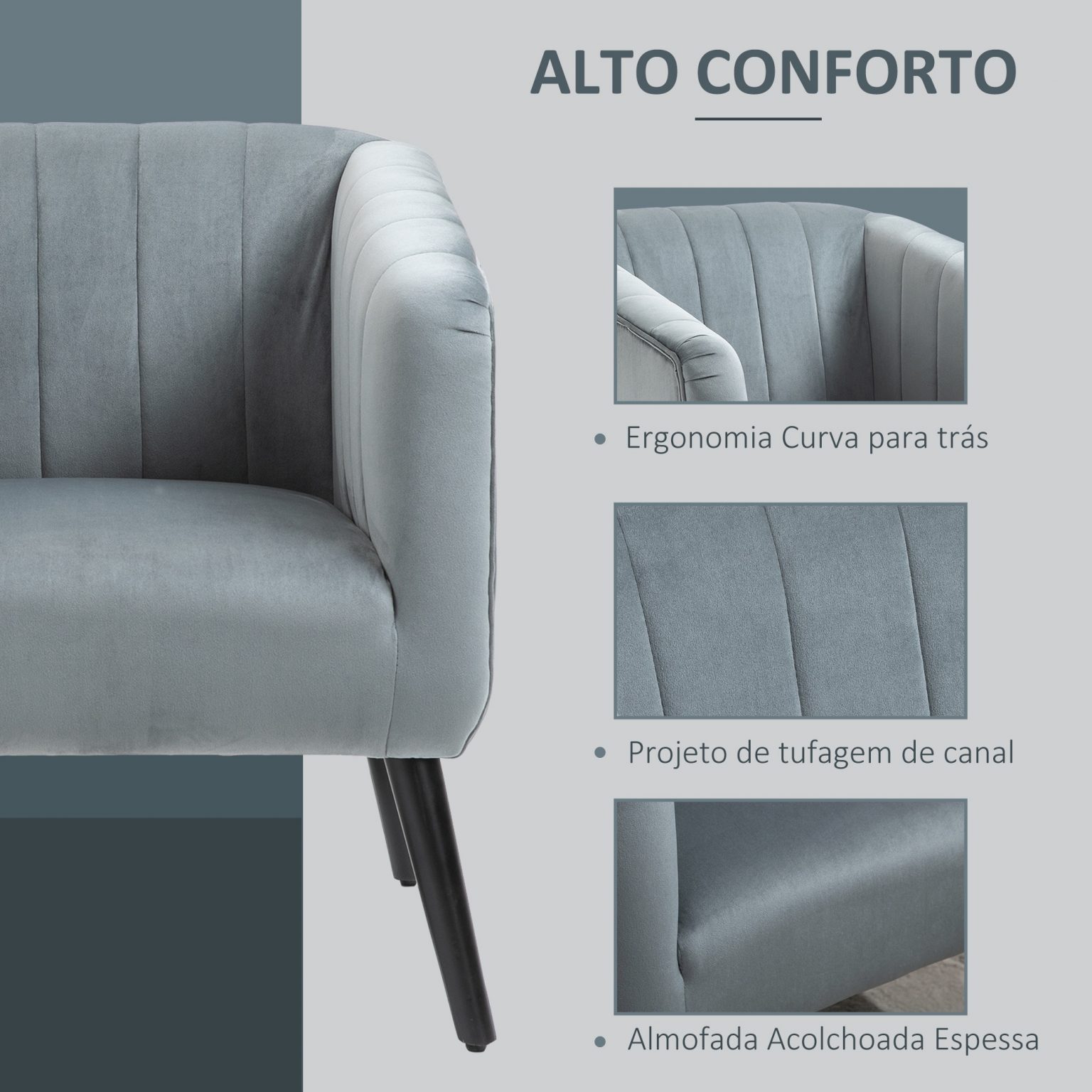 Poltrona nórdica acolchoada em madeira de veludo vintage, 71x49x94cm, Cor cinza | Loja O Meu Jardim